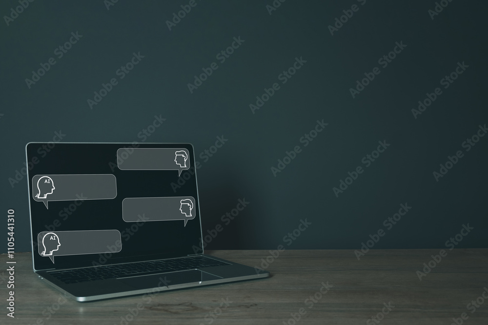 AI and human conversation chat bubble on laptop screen over black ...