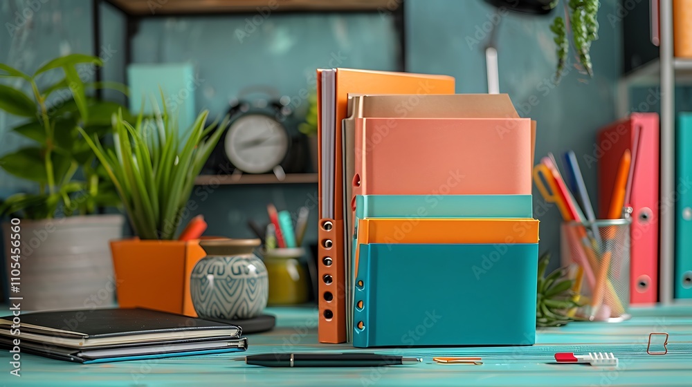 colorful files and folders neatly arranged on a modern office table ...