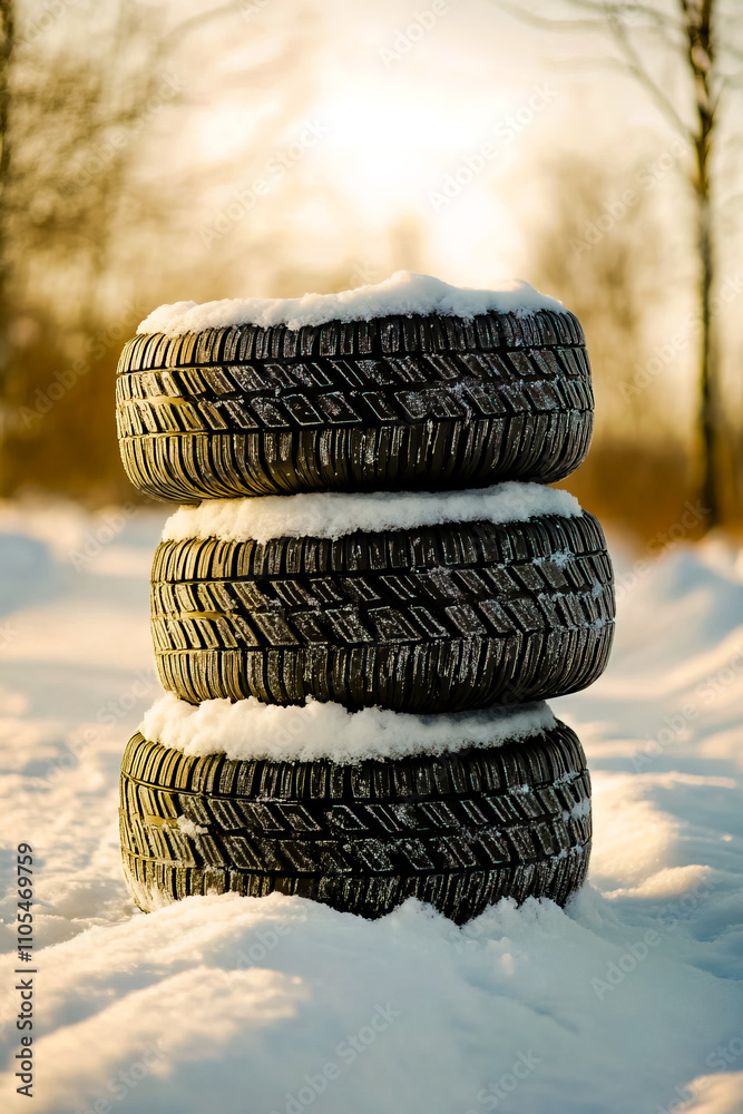 Stack of 4 winter car tires sitting in a pile of white snow, detailed ...