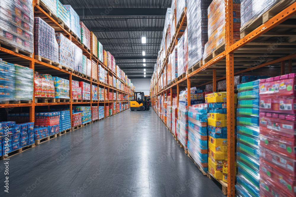 Toy factory, A spacious warehouse aisle filled with stacked pallets of ...