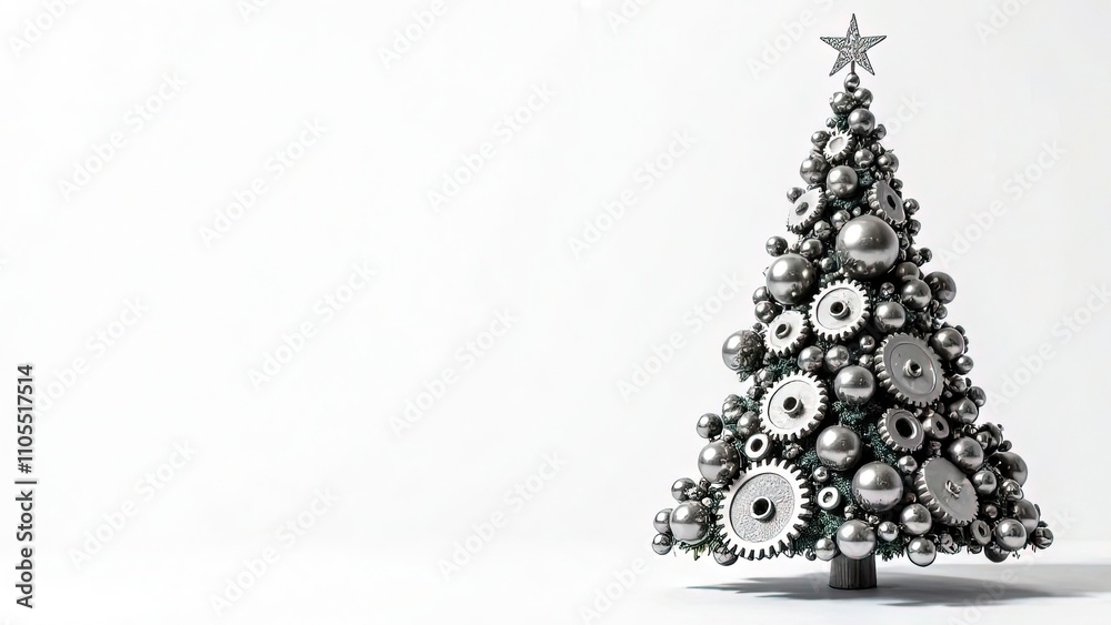 A dynamic Christmas tree made from an assortment of gears, nuts, bolts ...