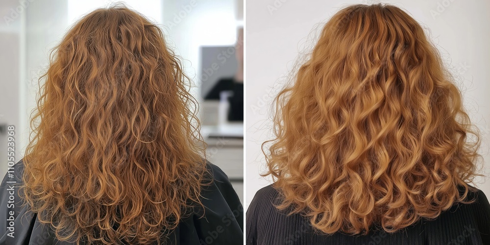 Woman curly hair before, after CGM honey treatment. Curly hair makeover ...