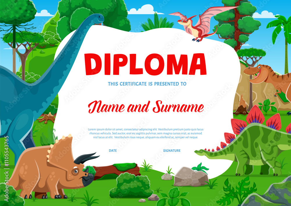 Kids diploma with funny prehistoric dinosaurs characters. Children ...