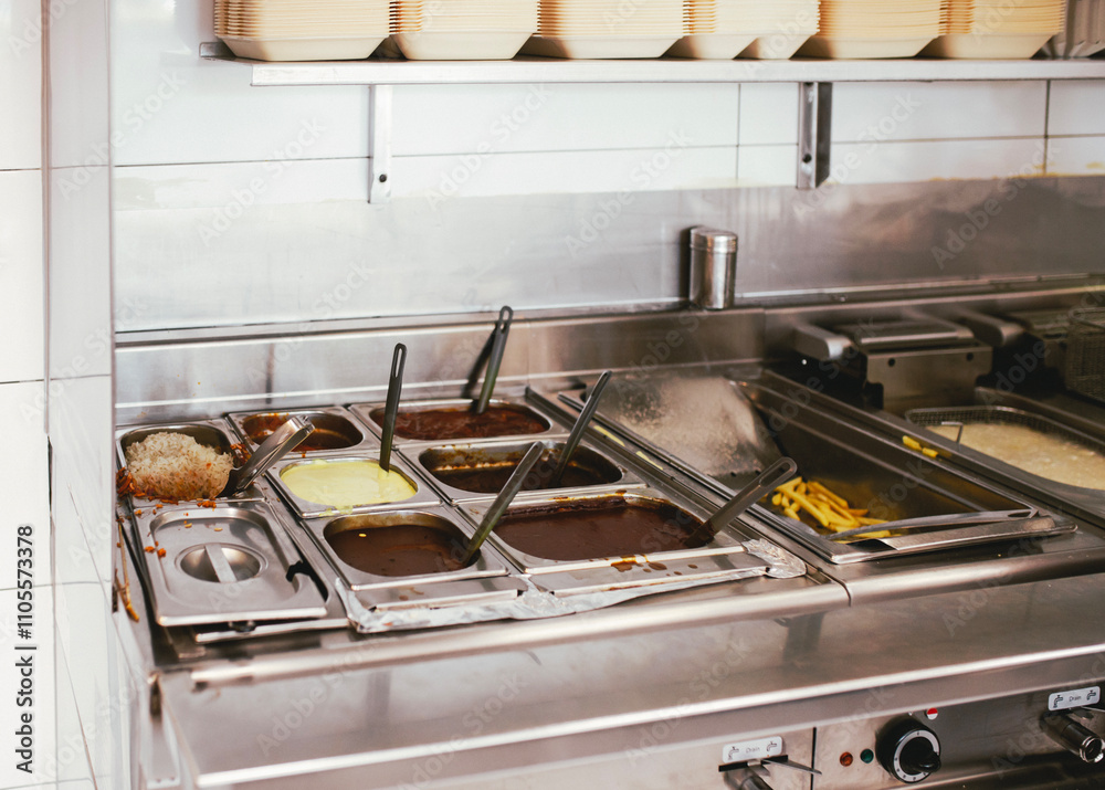 Stainless steel commercial kitchen with food containers on a hot ...