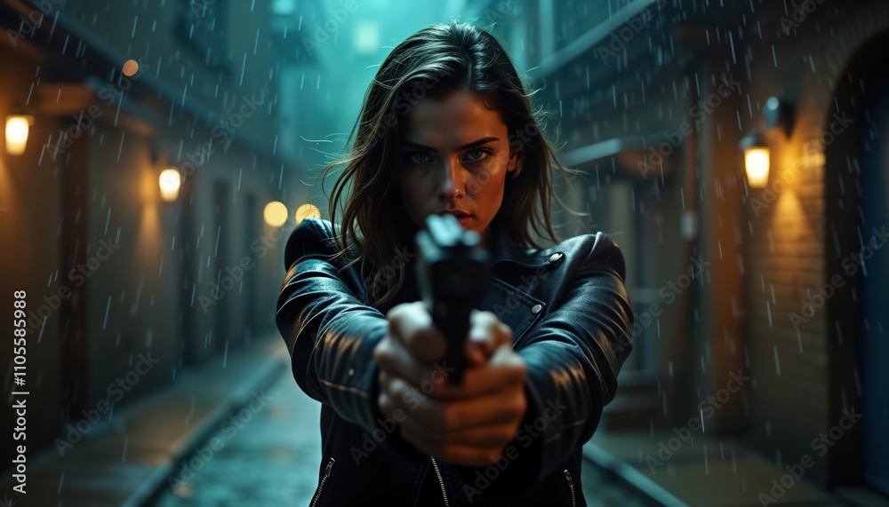 Young woman aims gun in dark rainy night street. Detective killer ...