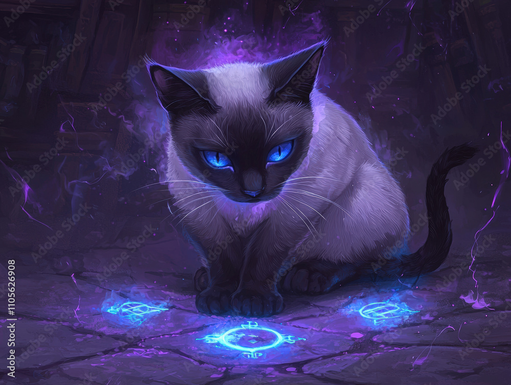 Siamese cat with glowing blue runes sits in mystical setting ...
