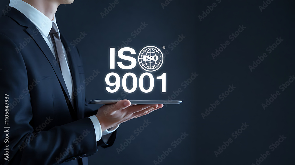 ISO 9001 Concept, Businessman holding a tablet with text iso 9001, ISO ...