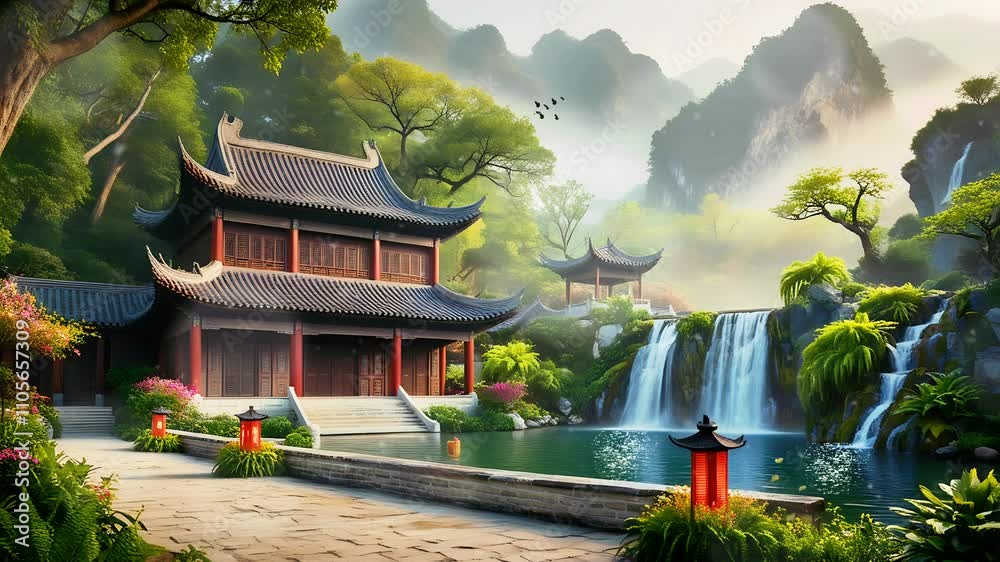 landscape of ancient chinese buildings with natural beauty of mountains ...