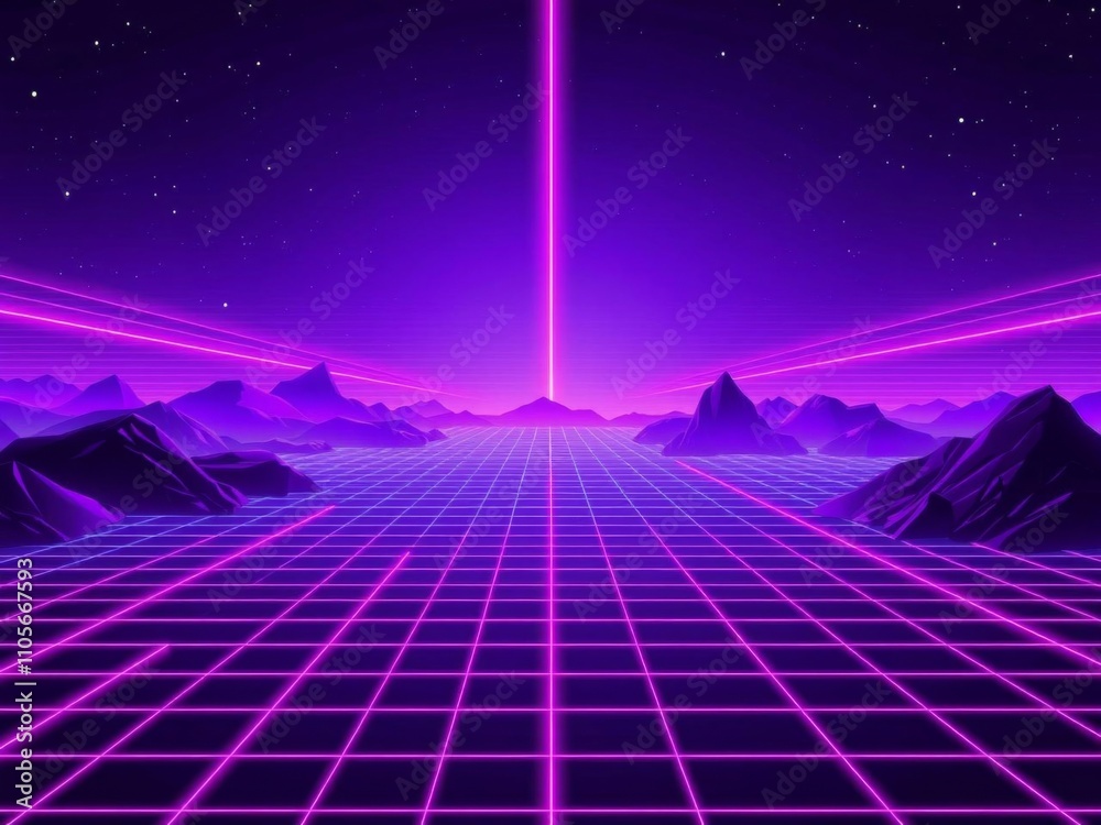 80s digital retrofuturistic scifi VR landscape with purple grid floor ...