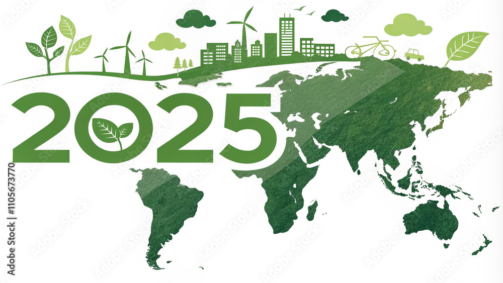 2025 Green world map flat 3d concept, green silhouettes minimalist city ...