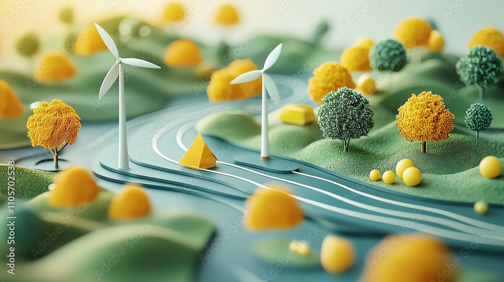 Wind and solar energy flowchart, path to net zero, 3D illustration foto ...