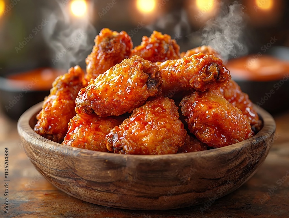 Glowing Fried Chicken Wings in Basket with Dipping Sauces and Steam ...