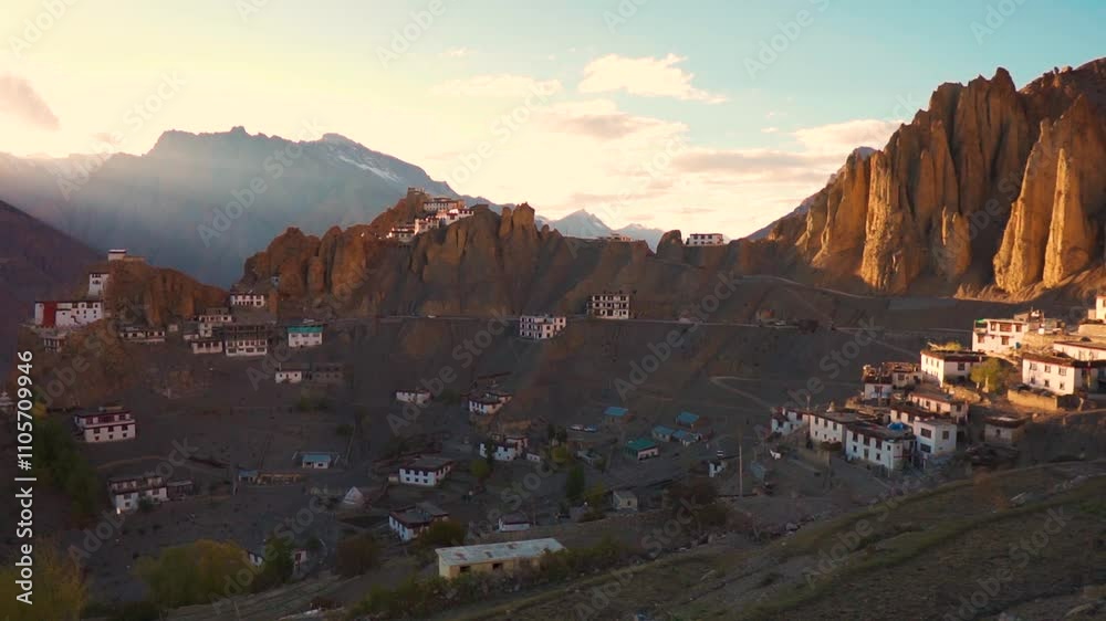 Video Stock Landscape shot of Dhankar Monastery during the sunset at ...