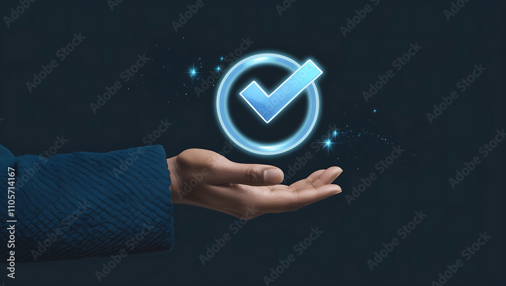 Digital Approval Concept: Hand with Glowing Checkmark and Sparkling ...