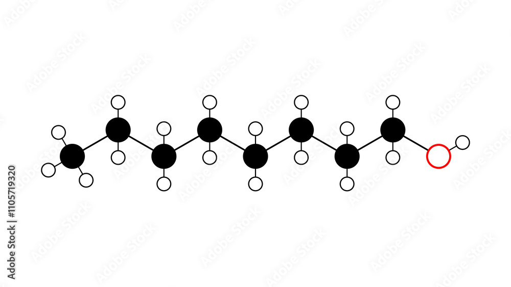 1-octanol molecule, structural chemical formula, ball-and-stick model, isolated image primary ...