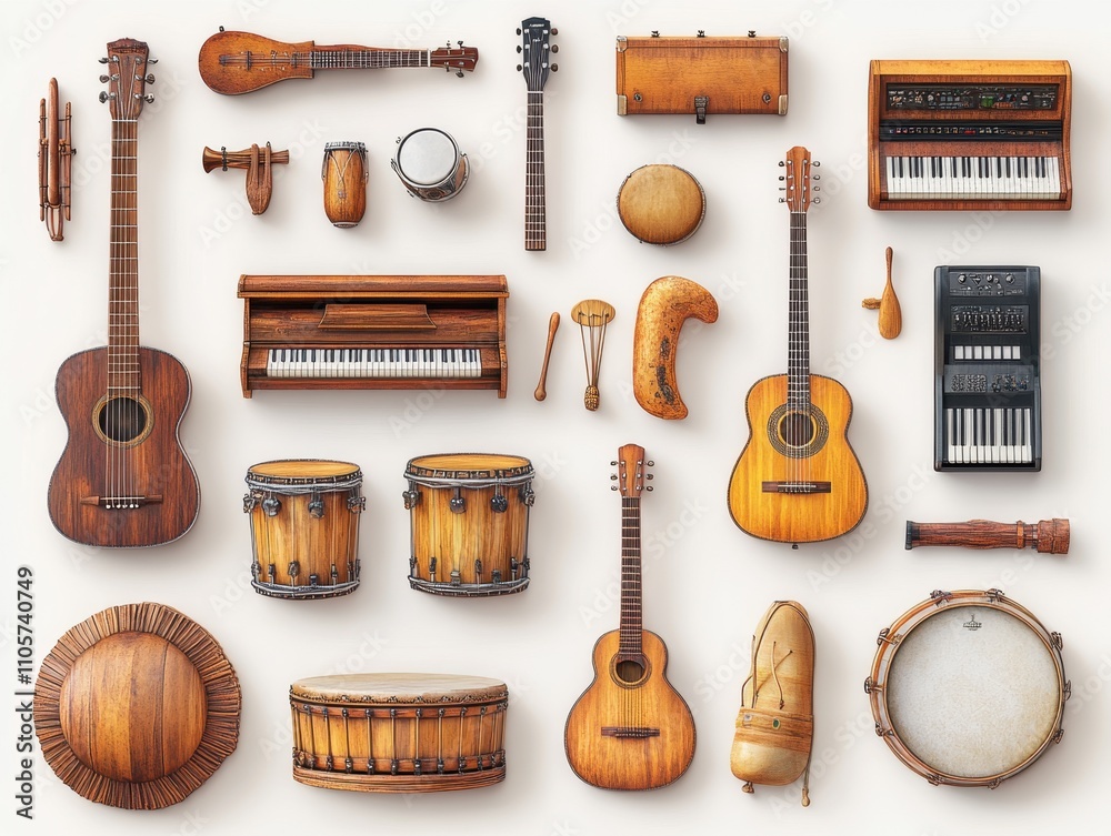 A set of various random musical instruments in full detail, isolated on ...