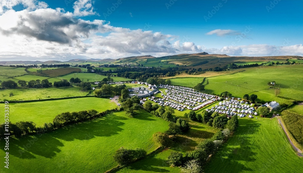 aerial view of green countryside with village hoddom castle caravan ...