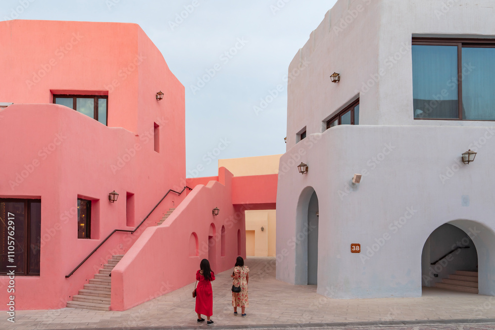 Colorful Streets and Mosque Photo, Mina District Corniche, Doha Marina ...