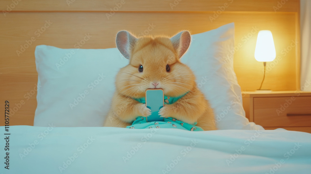 cute hamster in pajamas sitting on bed, holding smartphone, looking ...