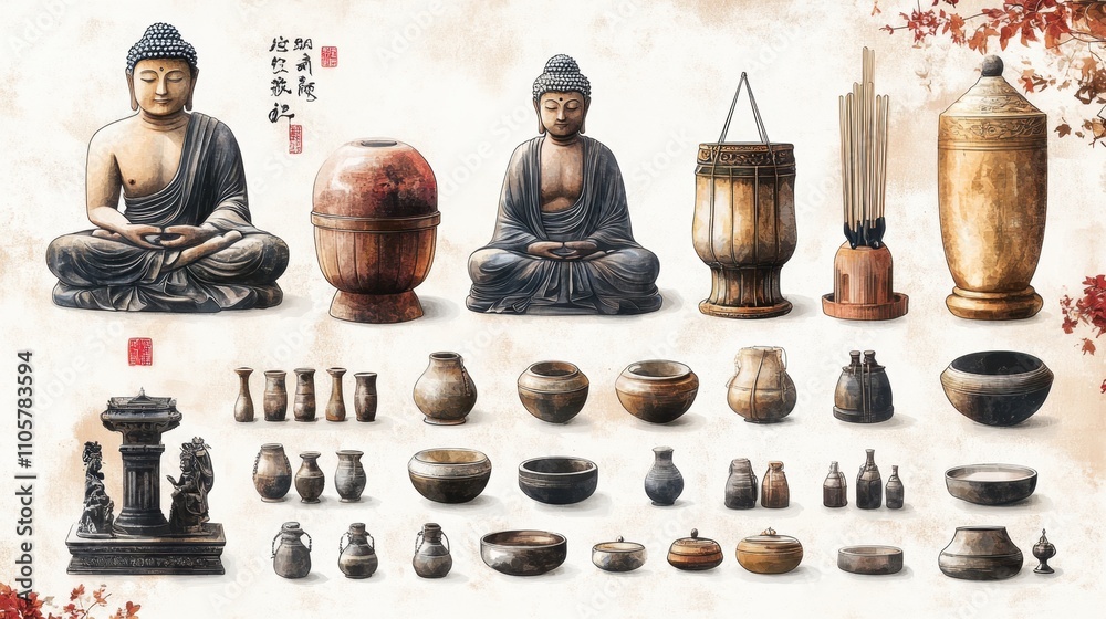 A set of various Buddha minimal icons in full detail, isolated on a ...