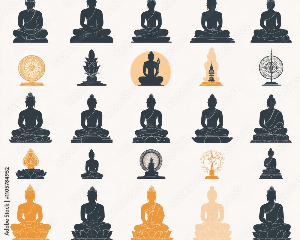 A set of various Buddha minimal icons in full detail, isolated on a ...