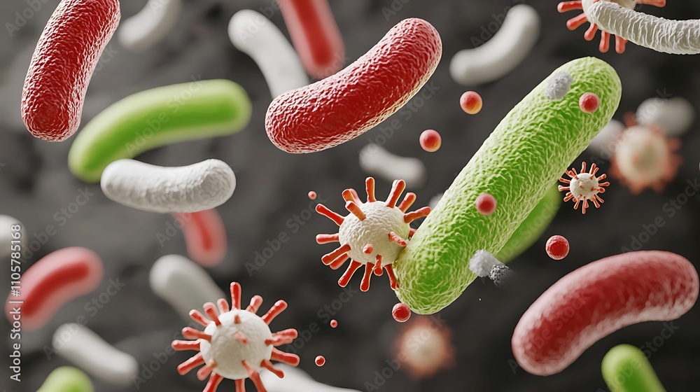 A vibrant depiction of various bacteria and viruses, showcasing their ...