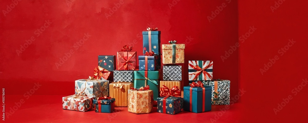 Colorful holiday gift boxes stacked on a bright red background during ...