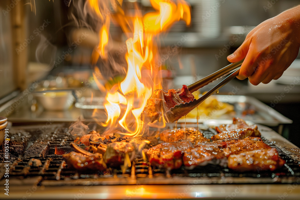 Hand grilling beef tenderloin steak over open flames in the kitchen of ...