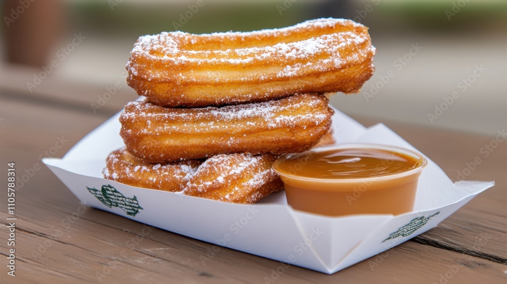 A tempting stack of churros dusted with powdered sugar, served with a ...