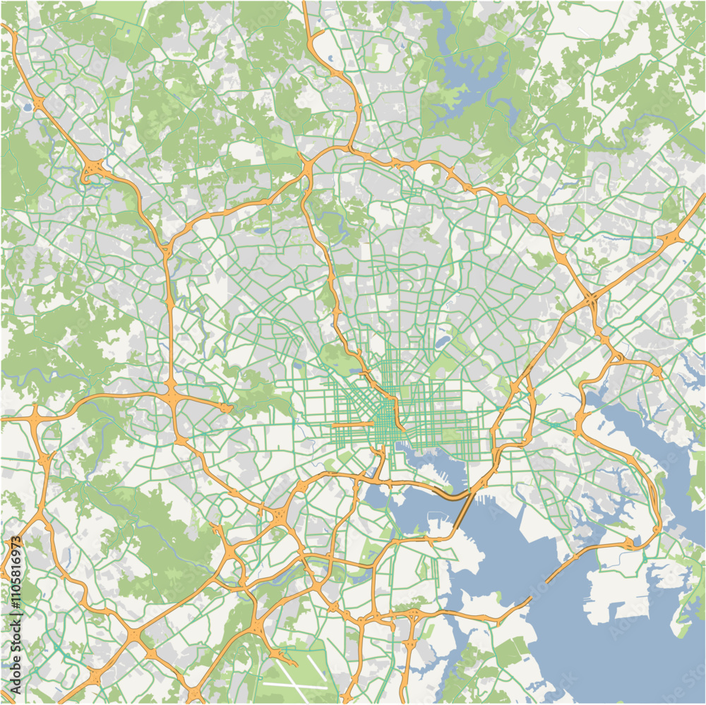 Map of Baltimore Metro in Maryland in a normal road map style. Contains ...