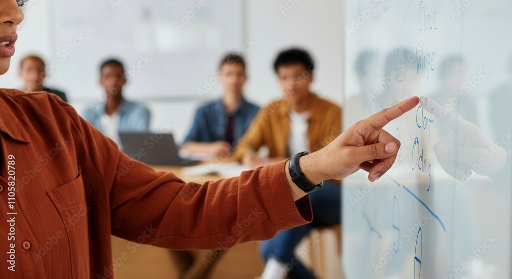 A woman gestures while explaining a topic to a group of attentive ...