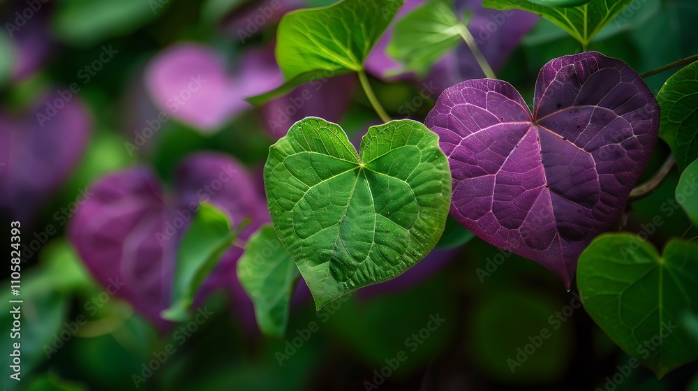 The broad, heart-shaped leaves of a redbud tree, displaying a mix of ...