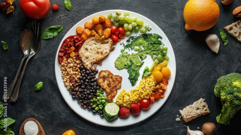 A plate featuring food from all continents, symbolizing the fusion of ...
