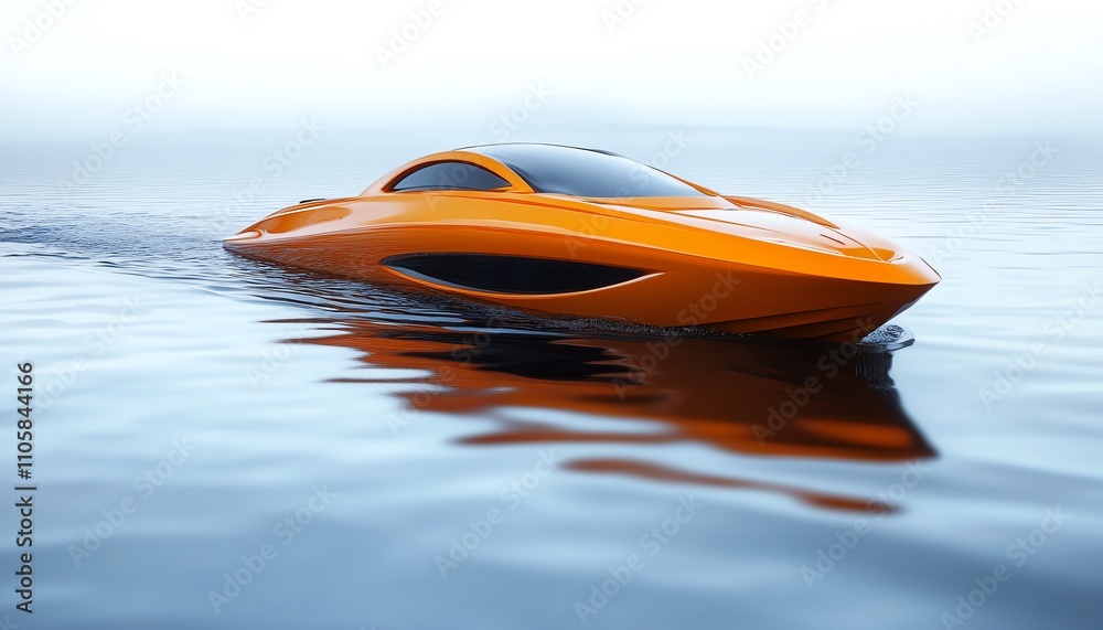 Sleek orange speedboat gliding on water, vibrant reflections, isolate ...