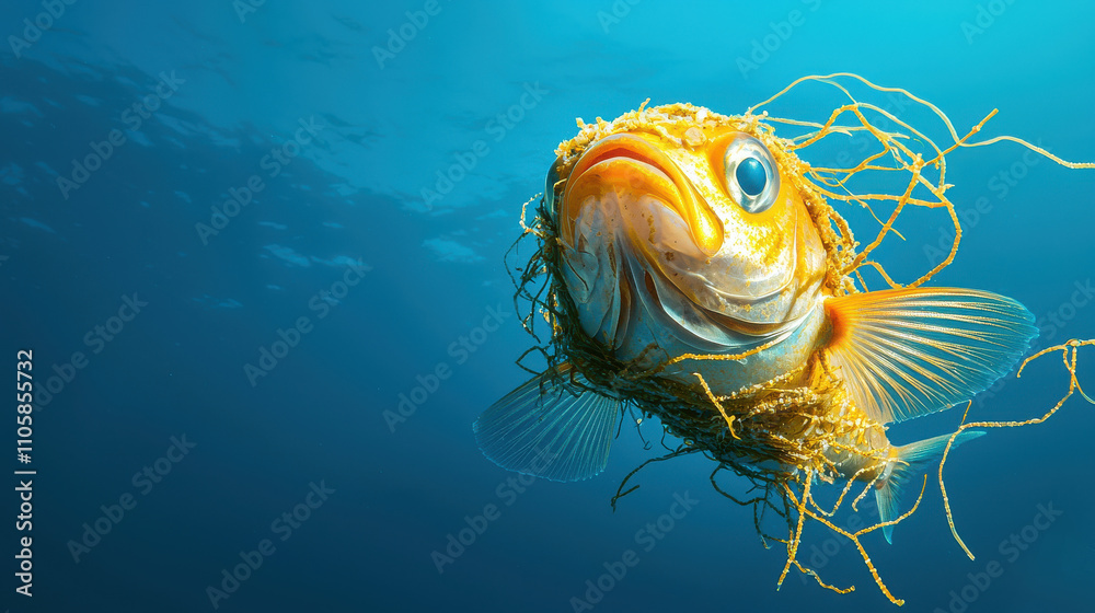 Fotografía Fish entangled in microplastics underwater, highlighting ...