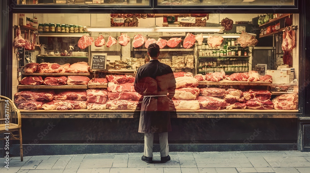 An artistic double exposure image of a butcher standing in front of a ...