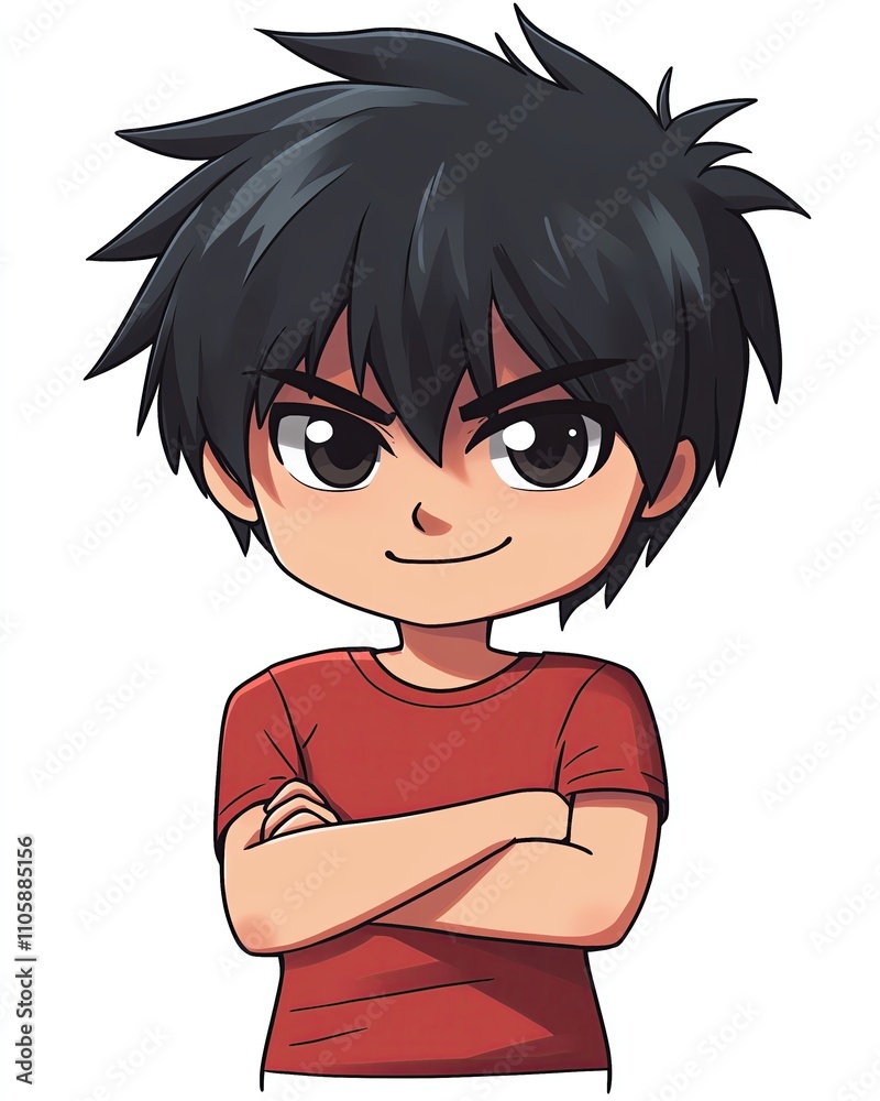 make a chibi design of a guy with black hair wearing red shirt in ...