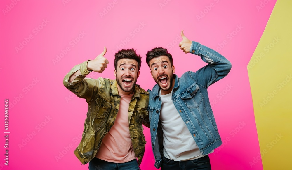 Two comical realistic but cartoonish characters cheerful men giving ...