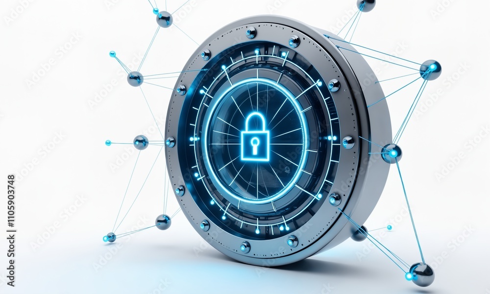 A digital vault door with glowing neon lines running through its ...