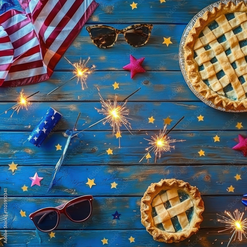 Festive Fourth of July setup featuring pies, sparklers, sunglasses, and ...