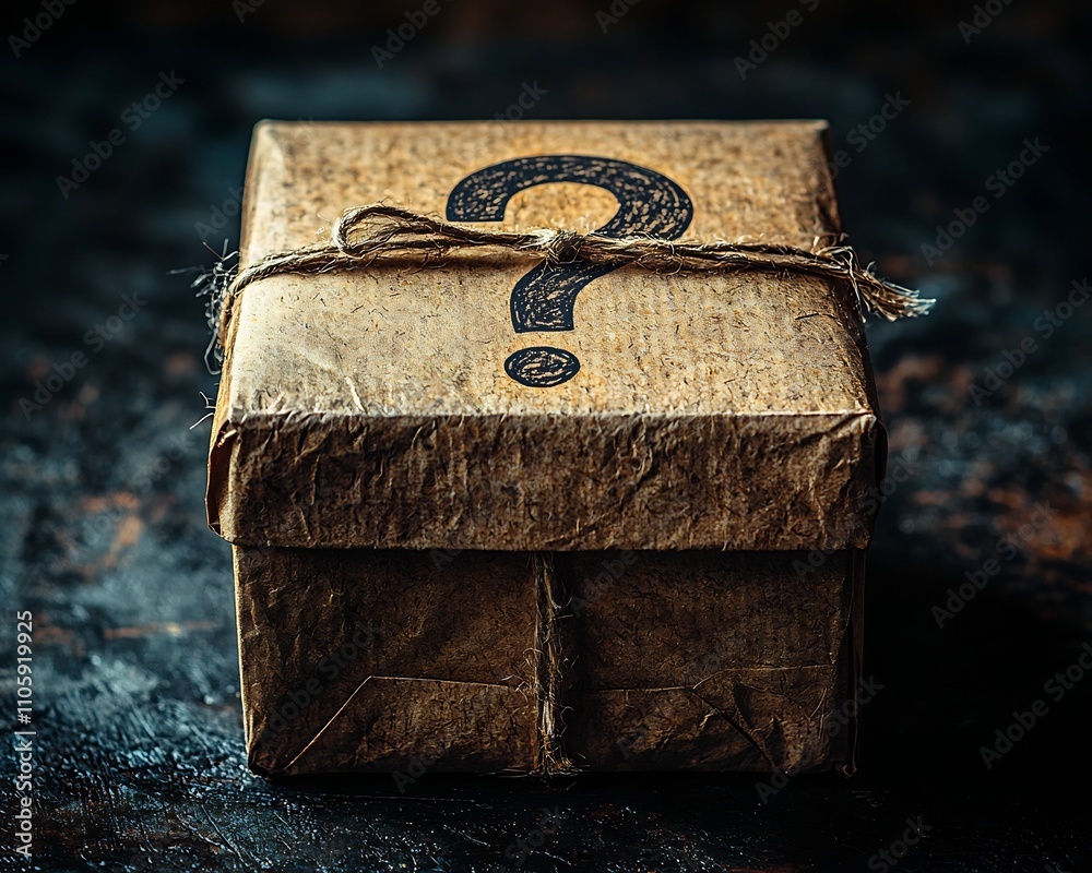 Mysterious Wrapped Box with Enigmatic Question Mark on Dark Surface ...
