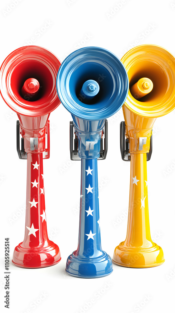 Colorful Vintage Bullhorns, A Trio of Red, Blue, and Yellow Announcers ...