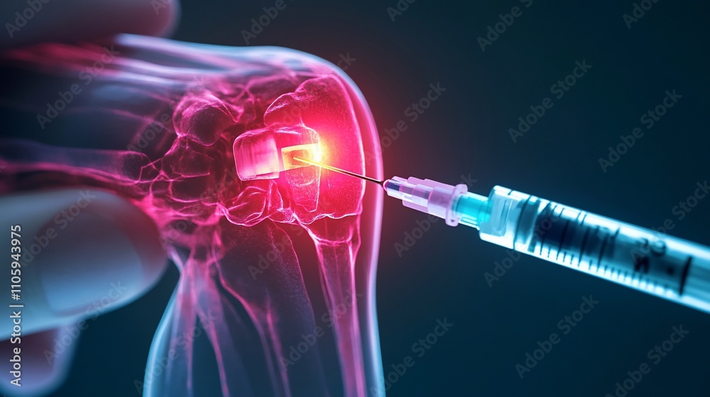 Injection into a painful knee joint, highlighting the affected area ...