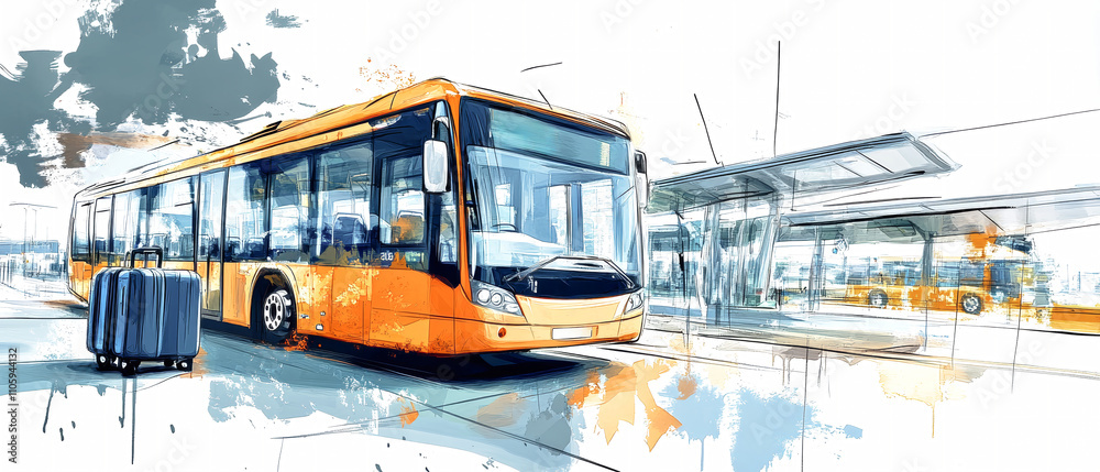 A modern city airport bus with luggage in a watercolor sketch style ...