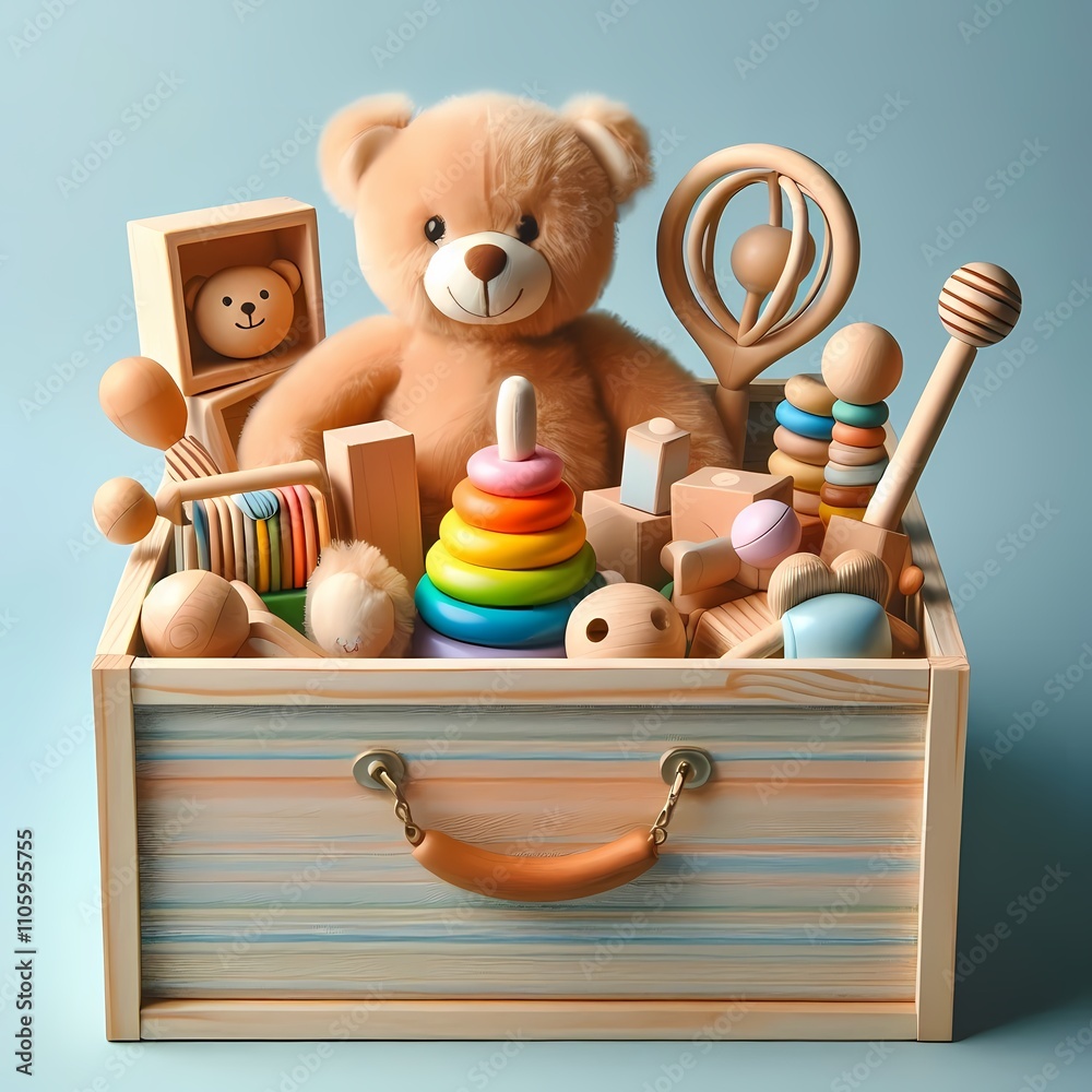 A donation box features a collection of cute baby toys, including a ...