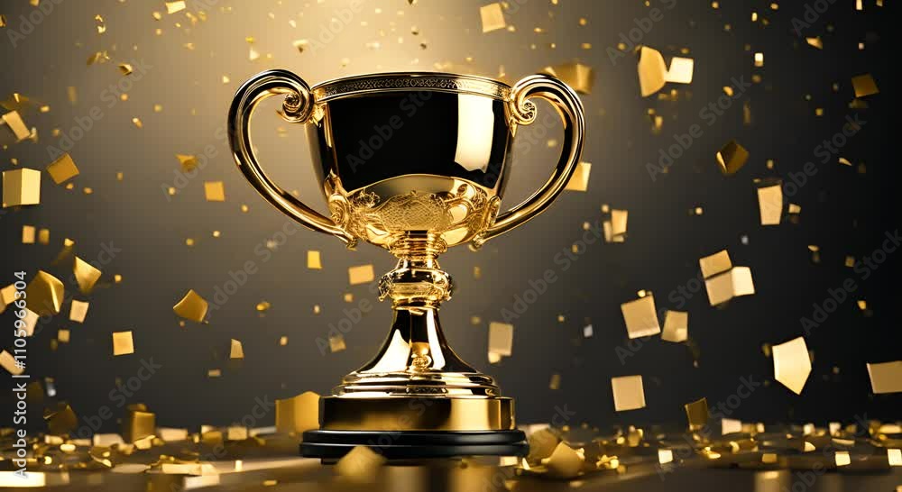 Gold winners sports cup on festive black background with confetti ...