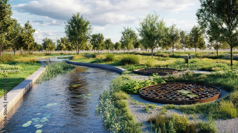 Advanced biofiltration system in a park, river with natural filters ...