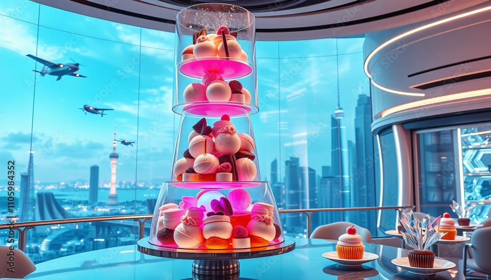 The tiers of the dessert tower are made of gravity-defying orbs of ...