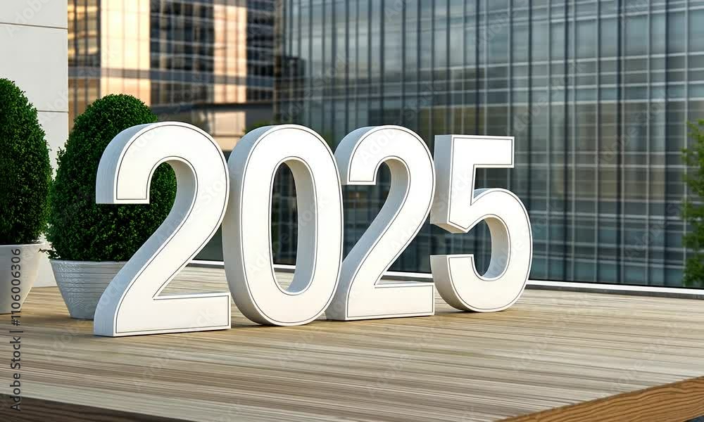 Celebrating the arrival of 2025 with modern architecture and vibrant ...