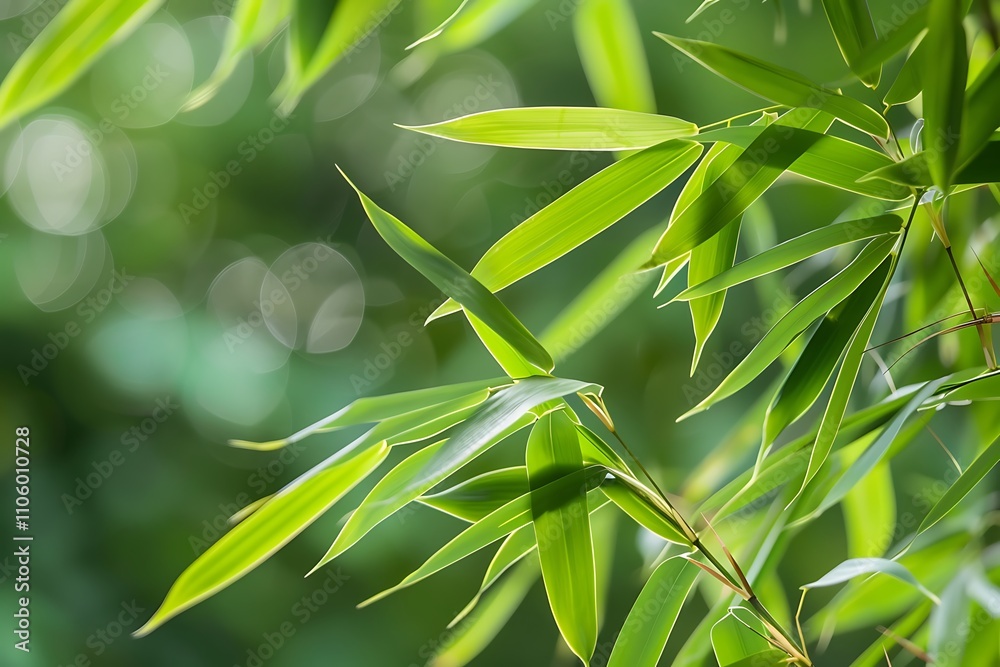The narrow, lance-shaped leaves of a bamboo plant, showing their smooth ...